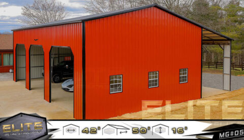 42’Wx50’Lx16’H All Vertical Garage with Lean-To | Elite Metal Structures